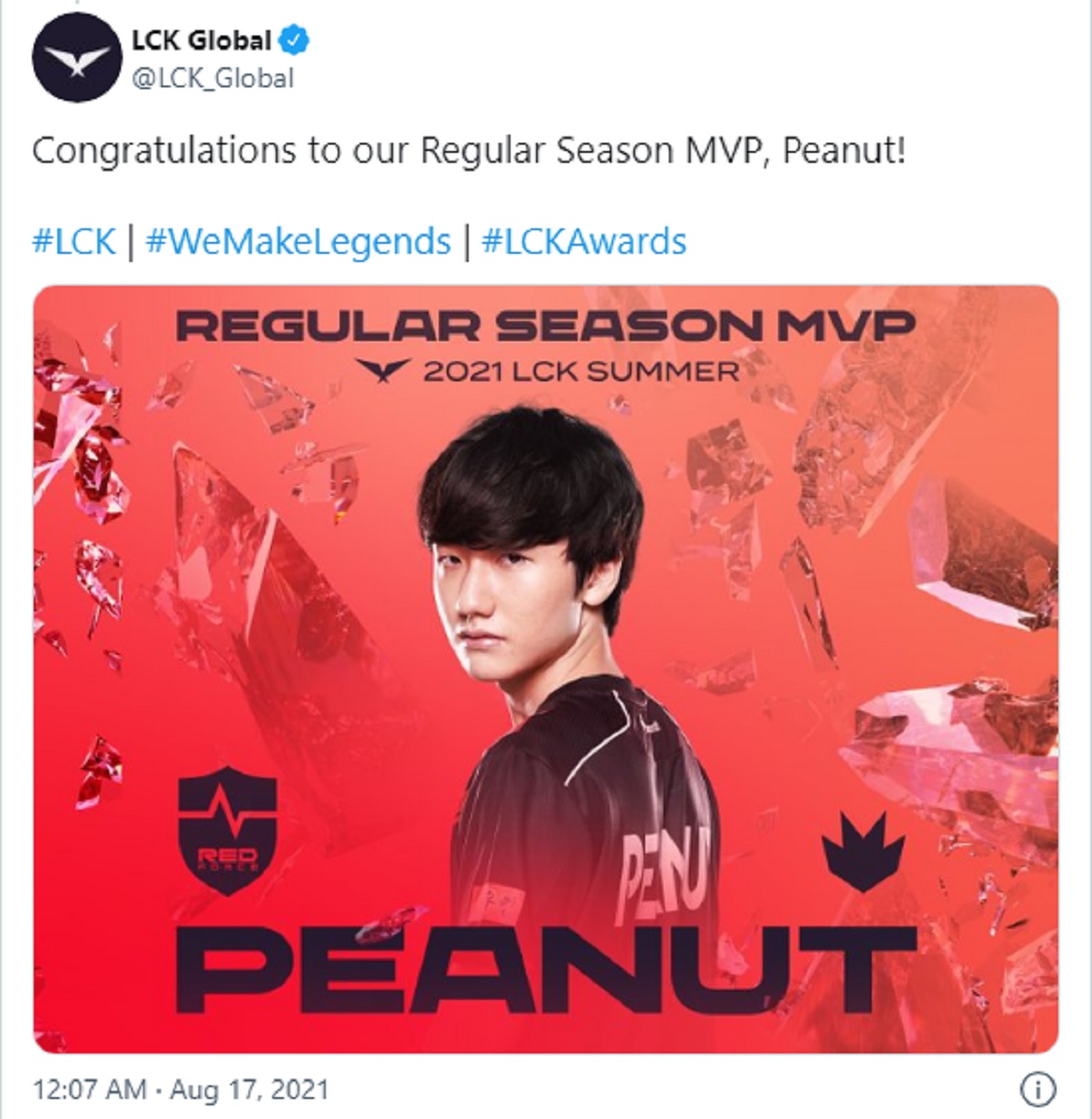 Peanut se lleva el premio de MVP en la LCK - Gamers Unite